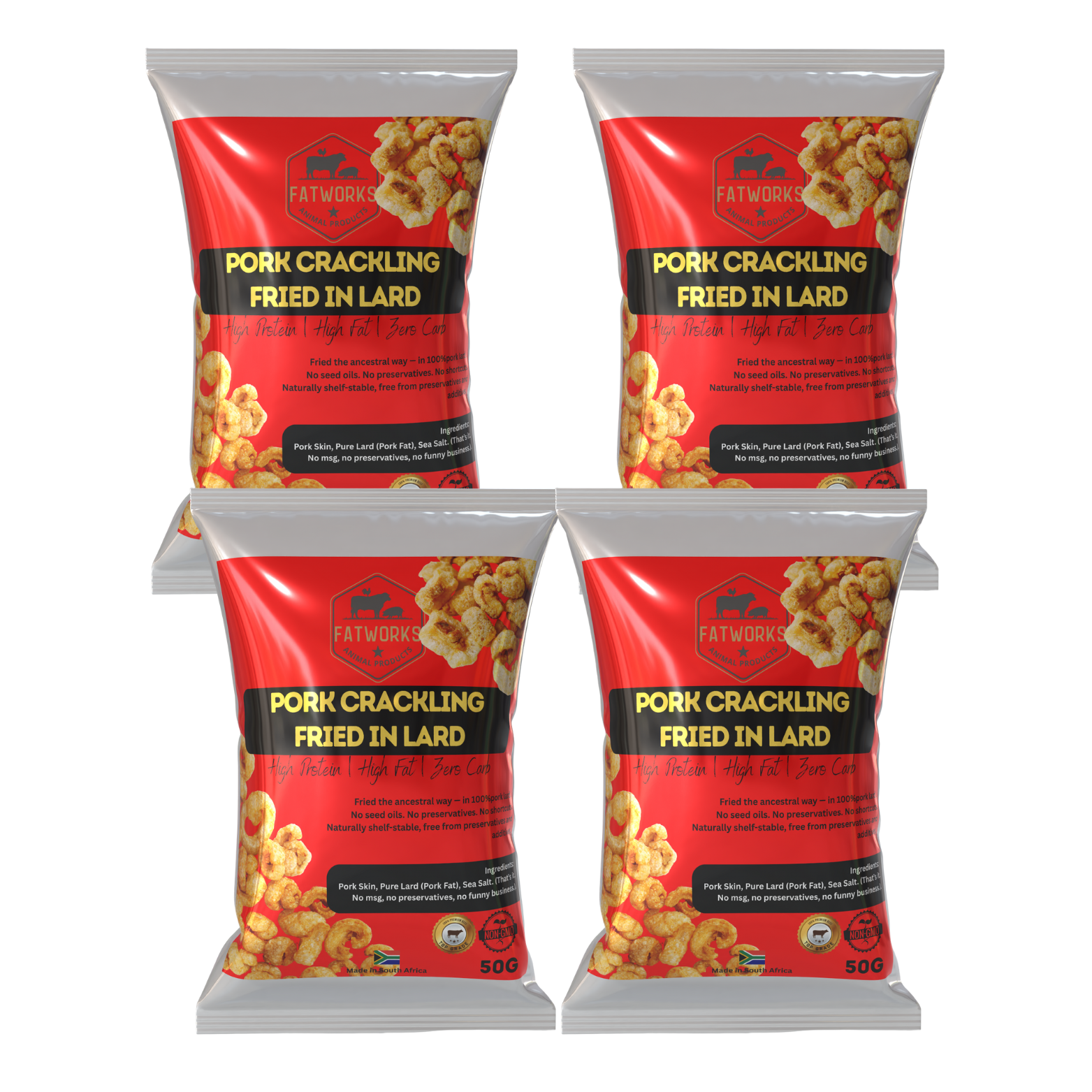 Pure Pork Crackling (Fried in Lard) – 4 x 50g Snack Pack – Fatworks